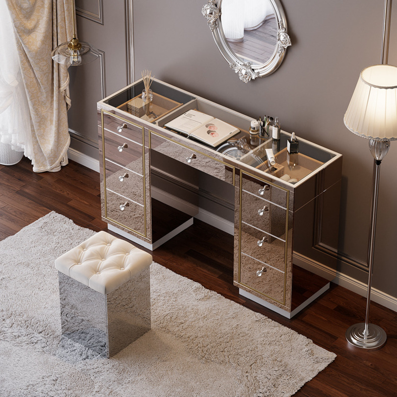 Glam Mirrored Makeup Vanity Set 9-Drawer Dressing Table with Glass Top ...