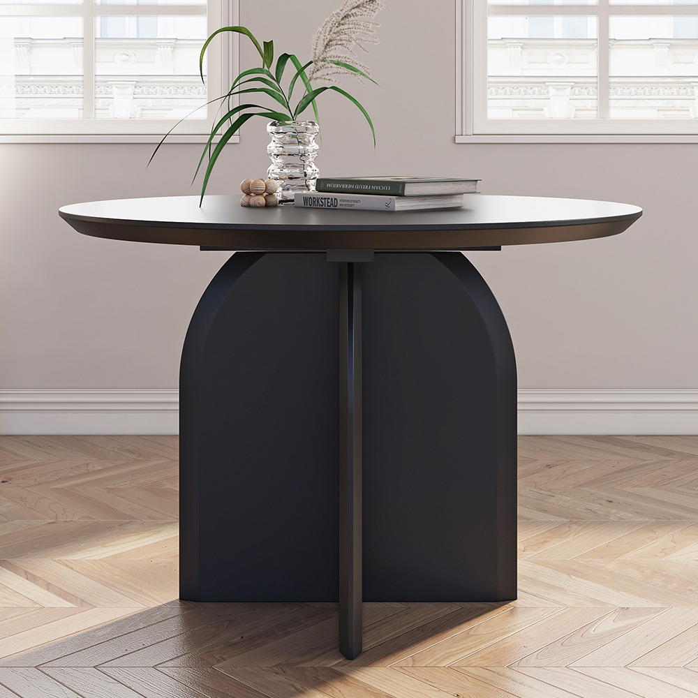 Round Dining Table Solid Wood Tabletop Pedestal Base for 4 Modern Black by Homary | ufurnish.com