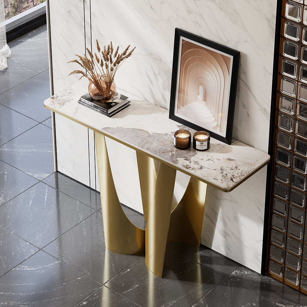1200mm Art Deco White & Gold Console Table with Sintered Stone Top ...