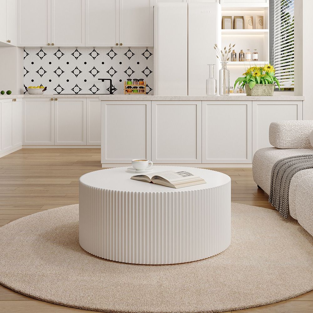 Modern Round Fluted White Coffee Table by Homary | ufurnish.com
