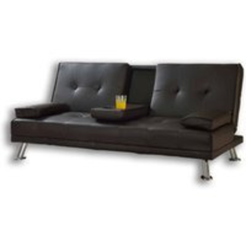 Brown Faux Leather Sofa Bed with Cupholder and Chrome Legs - 3 Seater ...