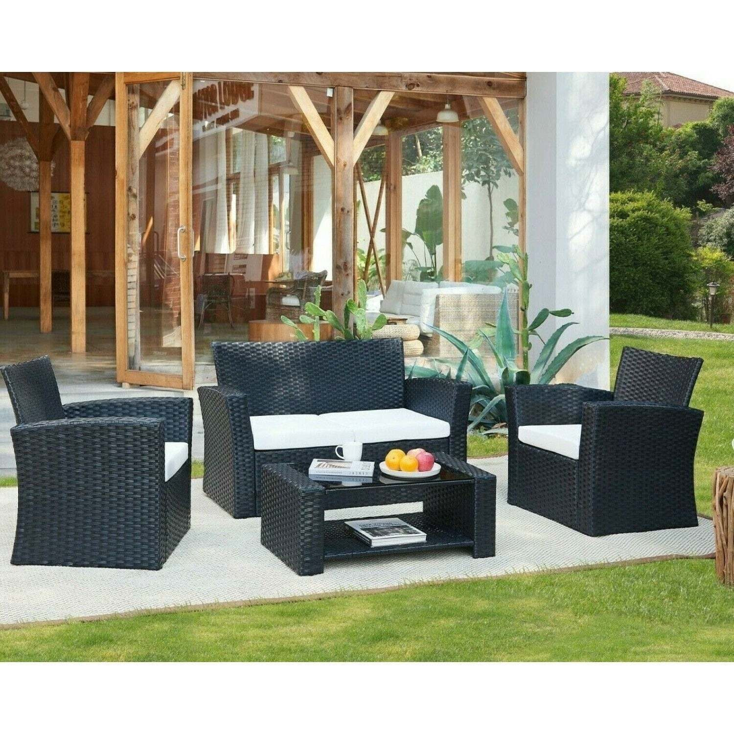 Vegas Rattan Garden Lounge Set, Black by Home Detail | ufurnish.com