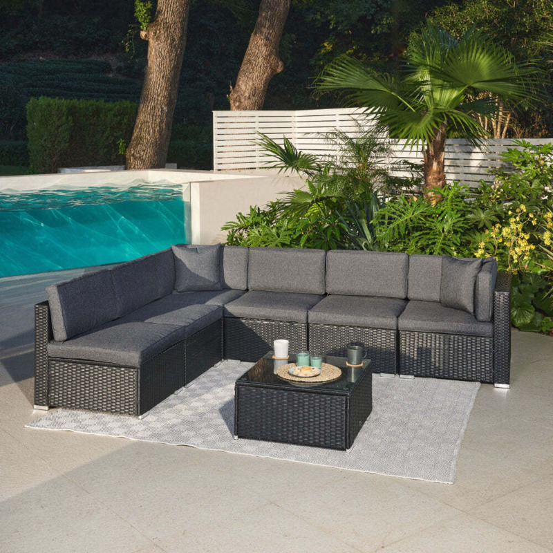Catina Modular Corner Rattan Garden Sofa Set, Black by Home Detail | ufurnish.com