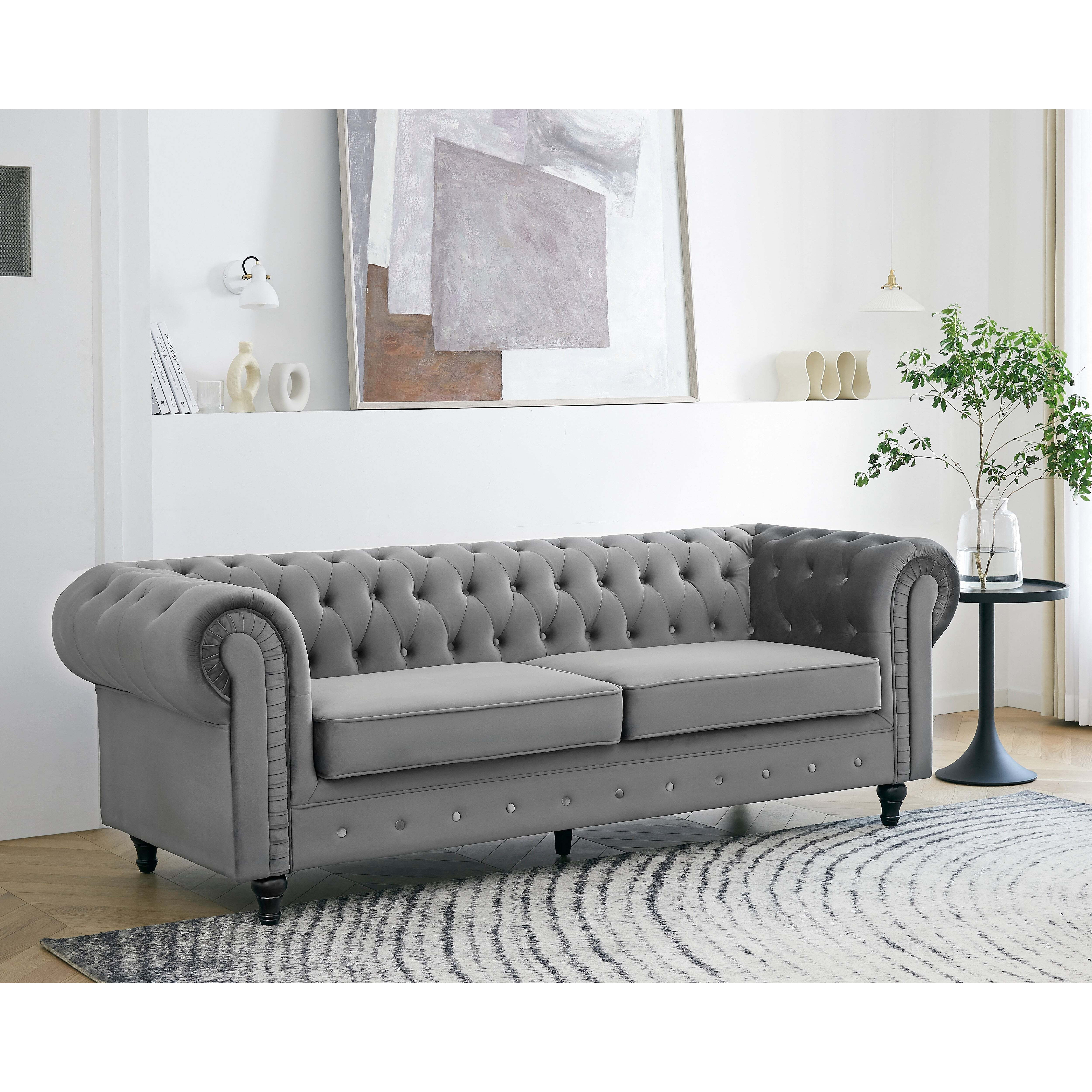 Chesterfield Velvet Fabric 3 Seater Sofa, Grey by Home Detail ...