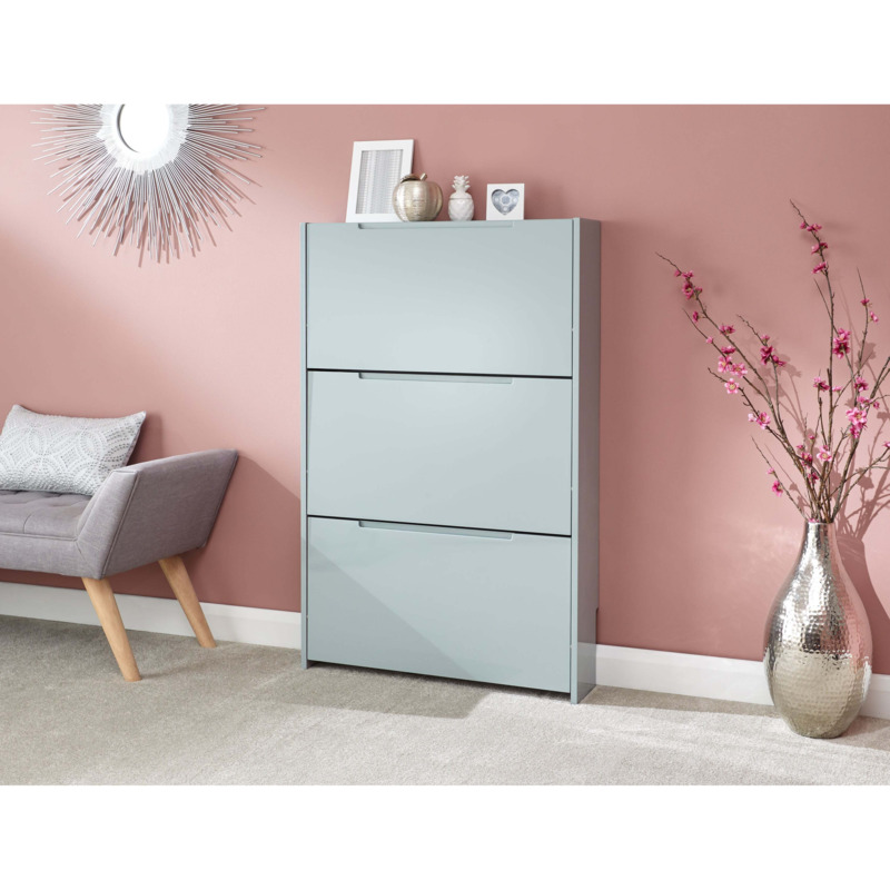 Narrow High Gloss 3 Tier Shoe Cabinet Grey by Home Detail | ufurnish.com