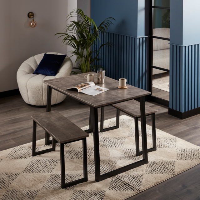 Drew 4 Seater Concrete Effect Dining Table and 2 Metal Benches - Black ...