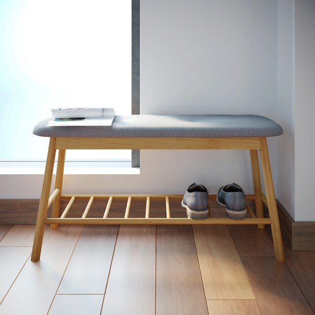 Bamboo Shoe Rack with Grey Cushion Seat by Homebase | ufurnish.com