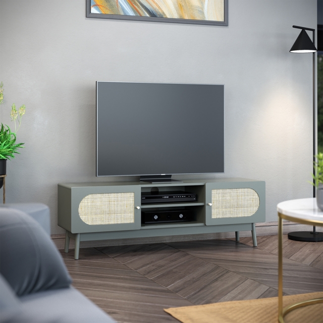 Walter Mid Century Cane TV Stand - Forest Green by Homebase | ufurnish.com