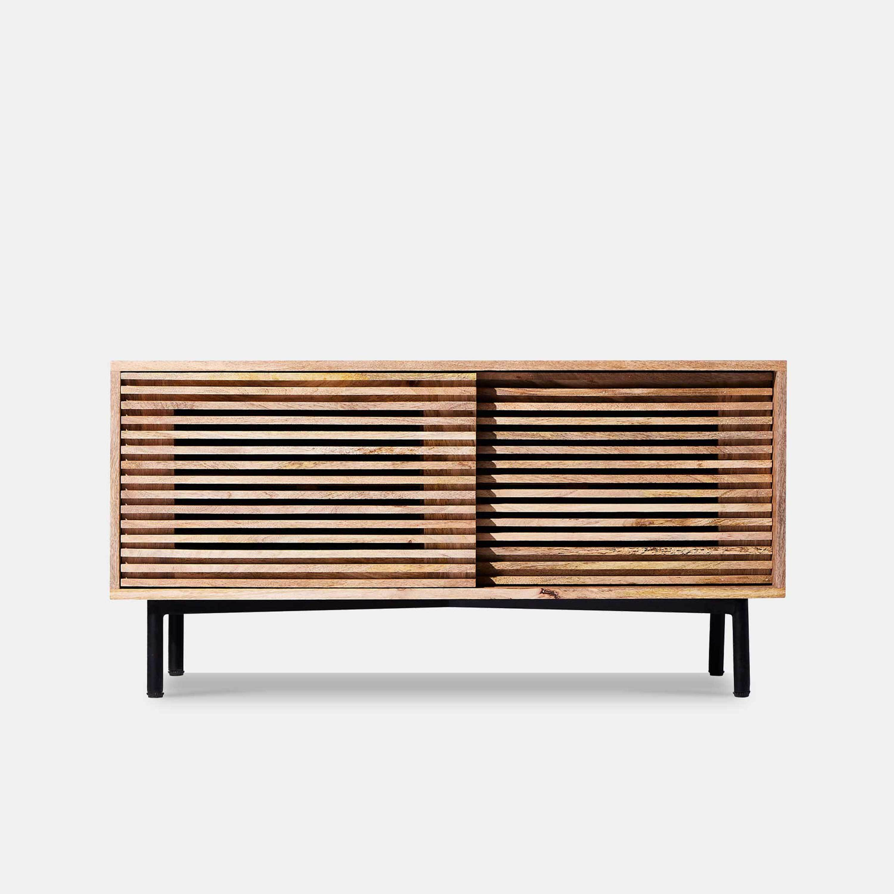 Mid century small TV stand - mango wood tv unit - slatted tv unit ...