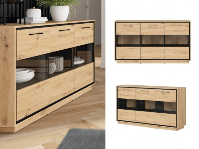 Glass Display Sideboard Cabinet Soft Close Doors Artisan Oak/Black Matt ...