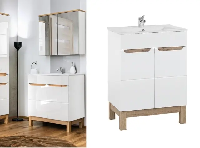 Freestanding Vanity Unit with Basin White Gloss 2 Door Bathroom Cabinet ...