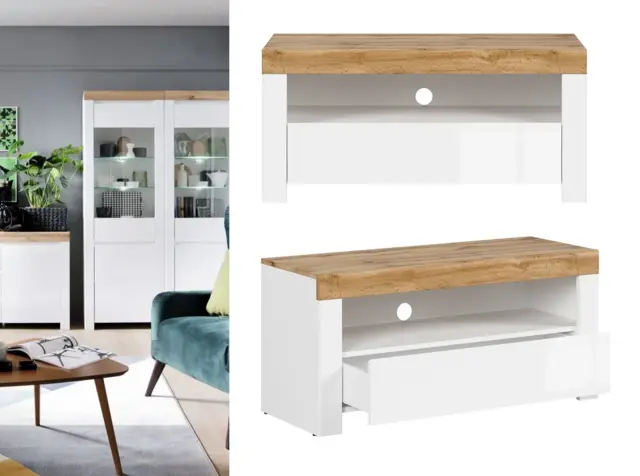 White High Gloss TV Unit with Drawer Small Oak Cabinet Entertainment ...