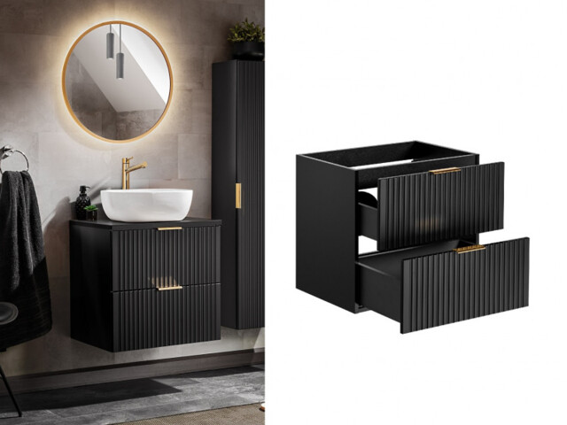 Bathroom Vanity Unit Black Wall Drawer Cabinet 600mm Floating Ribbed ...