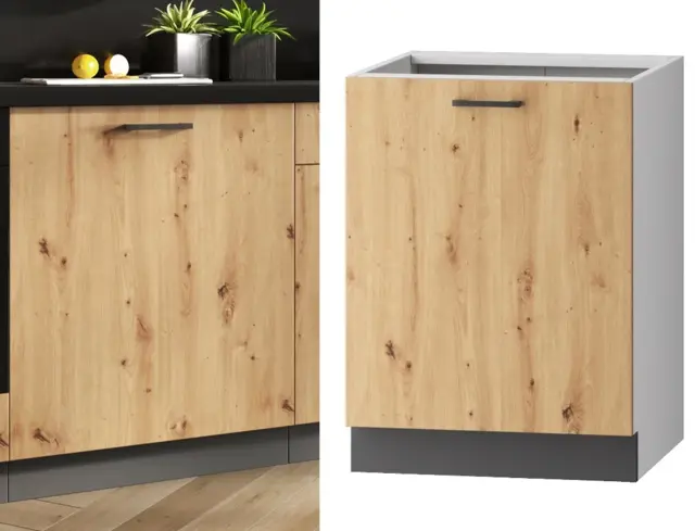 Kitchen Cabinet 600mm Base Unit 60cm Storage Cupboard Dark Grey and Oak ...