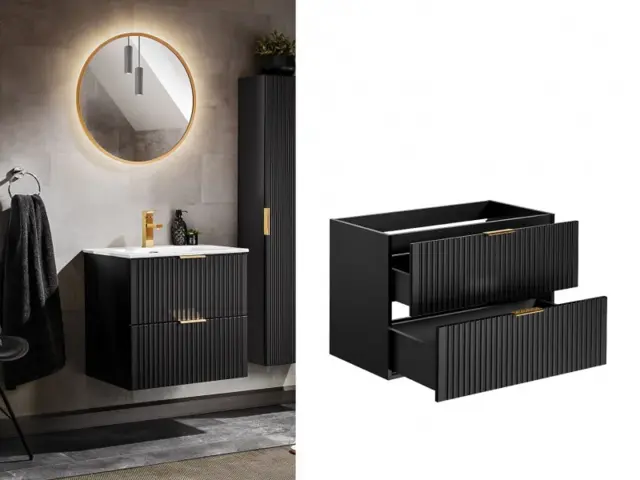 Bathroom Vanity Unit Black Wall Drawer Cabinet 800mm Floating Ribbed ...