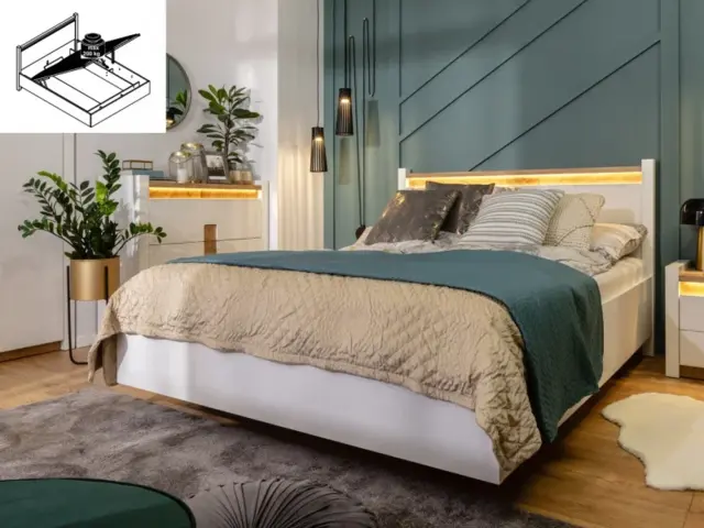 King Size Storage Bed Ottoman Gas Lift Up Euro 160cm Frame LED Light ...