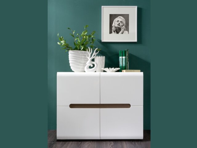 White High Gloss Sideboard Small Cabinet Square Storage Unit with Black ...