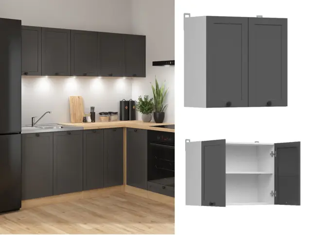 Kitchen Wall Cabinet 800mm Unit 2 Door Cupboard Shaker Dark Grey Modern ...