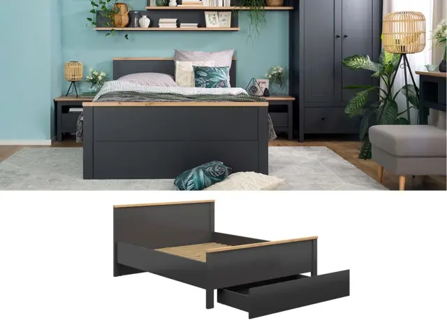King Size Bed Frame with Storage Drawer Euro Wooden Slats Dark Grey and ...