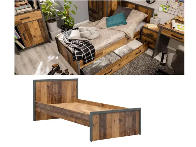 Rustic Single Bed Frame with Euro 90cm Solid Wood Slats Dark Grey and ...