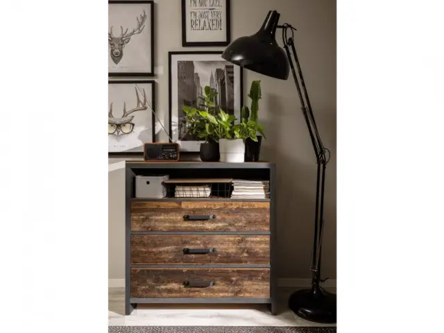 Rustic 3 Drawer Chest of Drawers Storage Cabinet Dark Grey and ...