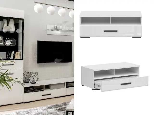 Small TV Unit with Drawer White Gloss Media Cabinet Bench Entertainment ...