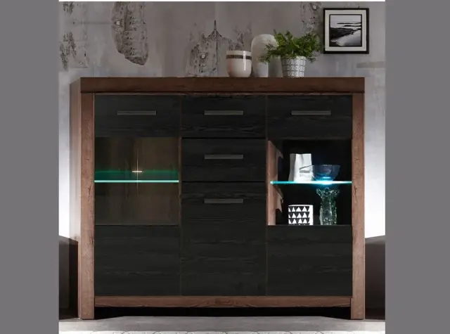 Large Sideboard Glass Display Cabinet Black and Dark Oak Storage Unit ...