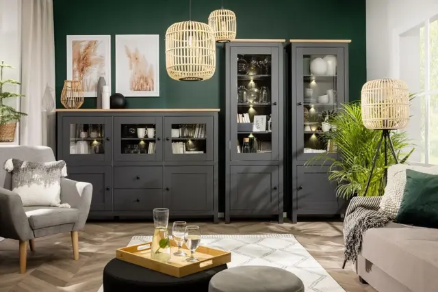 Glass Display Cabinets Tall Units Sideboard Soft Close LED Lights Dark ...