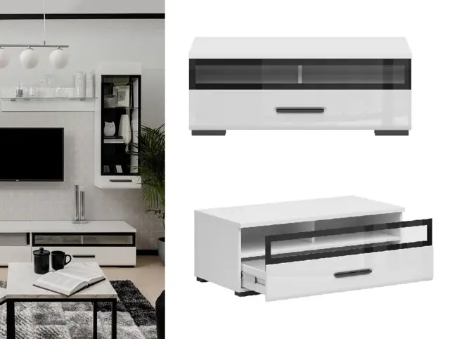 Small TV Unit with Glass Drawer White Gloss Media Cabinet Bench ...