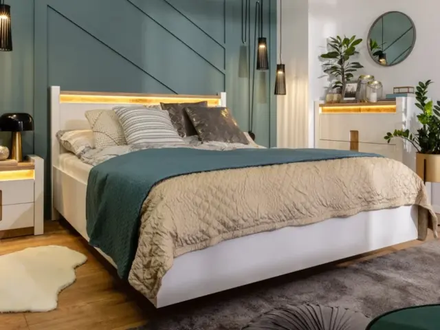 King Size Bed Frame Euro 160cm Solid Wood Slats LED Lights Modern White ...