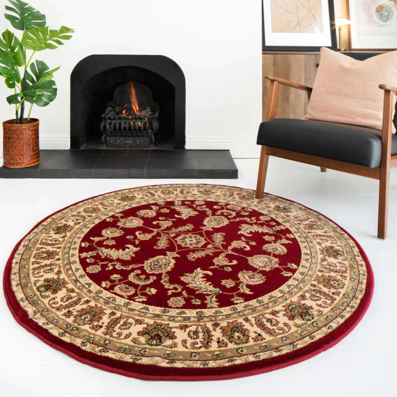 Traditional Red Motif Bordered Round Rug - Jasmine - 133cm x 133cm ...