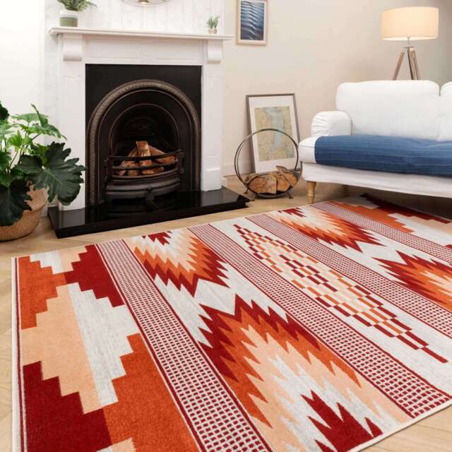 Terracotta Burnt Orange Living Room Rug - Aztec - Moda - 120cm x 170cm ...
