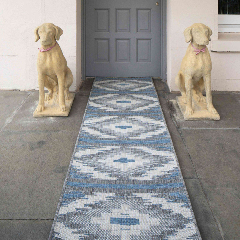 Teal Blue Retro Aztec Weatherproof Outdoor Garden Runner Rug - Florida ...