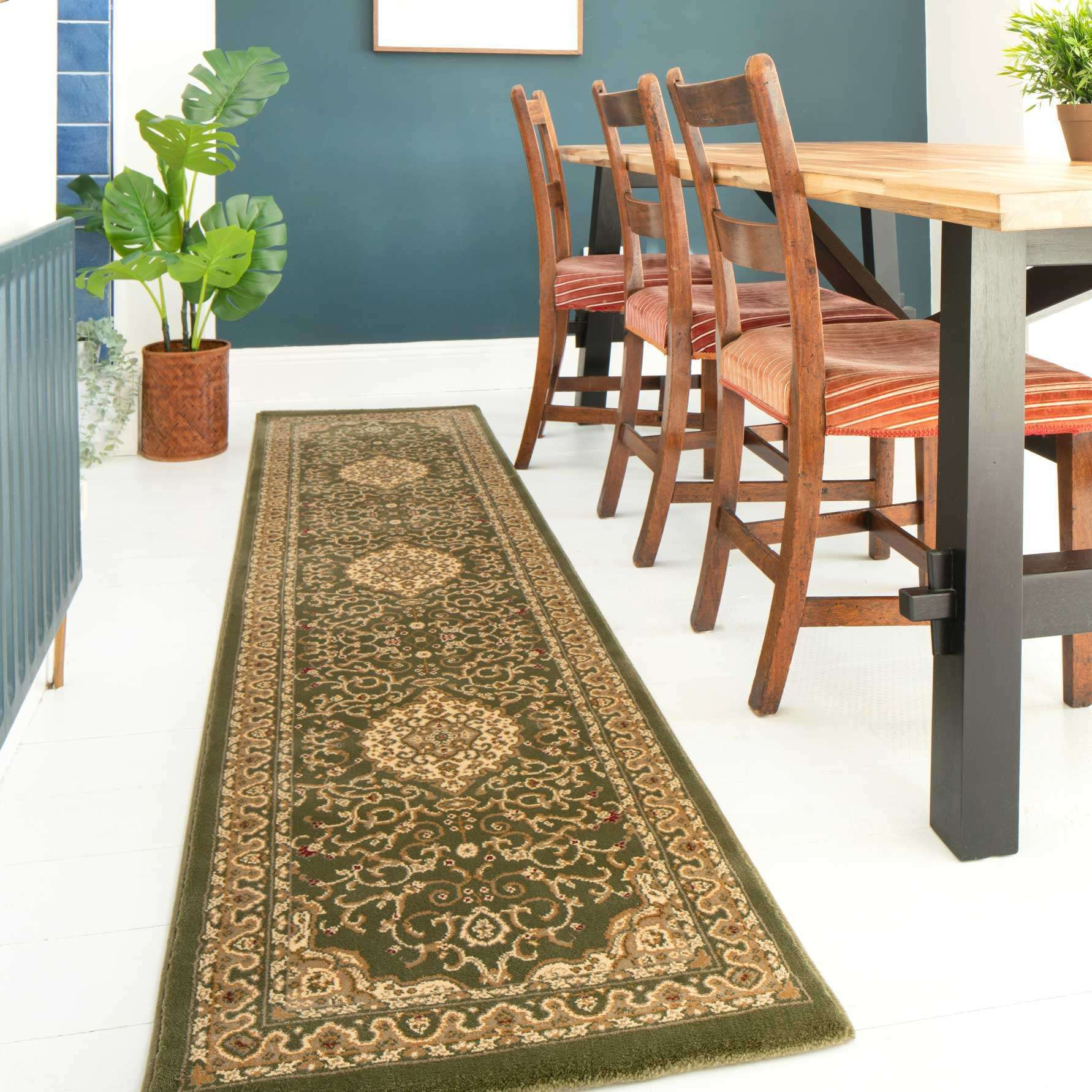 Traditional Green Bordered Runner Rug - Jasmine - 60cm x 240cm Runner ...