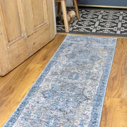 Soft Light Blue Grey Traditional Bordered Hall Runner Rug - Mystic ...