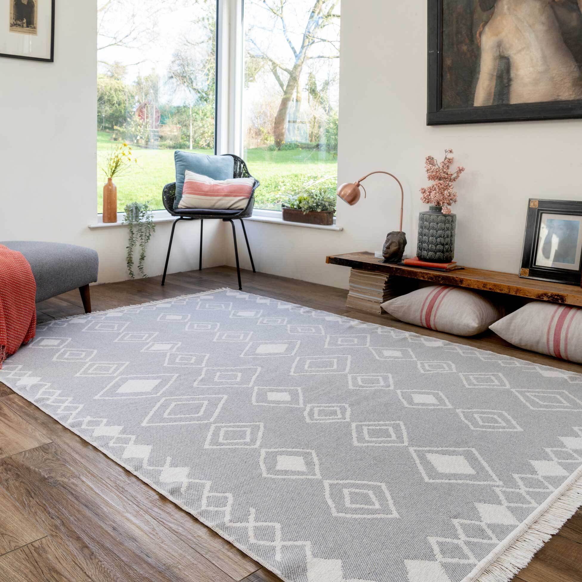 Reversible Cotton Grey Moroccan Motif Rug - Kyoto - 60cm x 110cm by ...