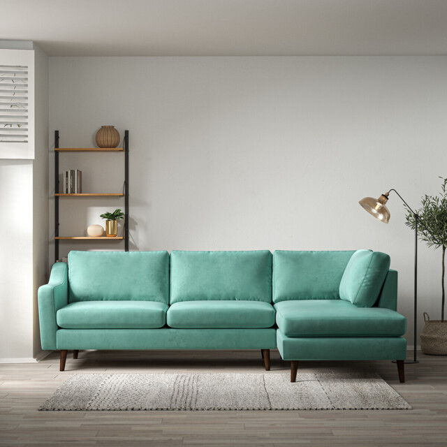 Rosa Curve Velvet Corner Chaise Sofa with Dark Wood Legs (Right Facing ...