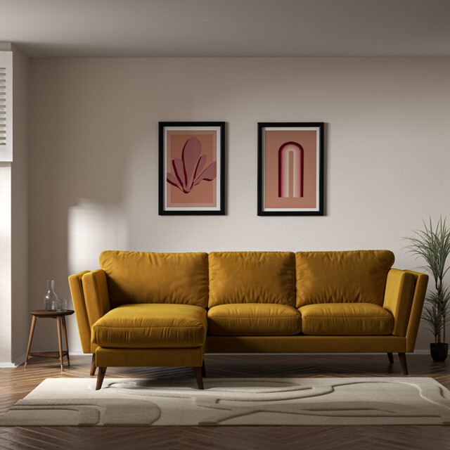 Frida Contemporary Velvet Corner Chaise Feather Sofa with Dark Wood ...