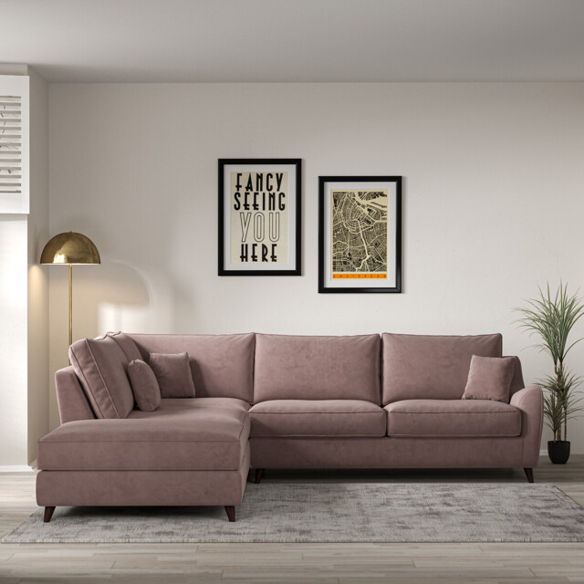 Amelia Velvet Corner Sofa & Modular Footstool Set with Dark Wood Legs (Left Facing) by La ...