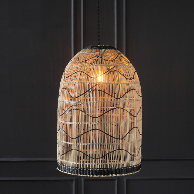 Natural with Black Woden Wave Dome Seagrass Pendant Ceiling Shade ...
