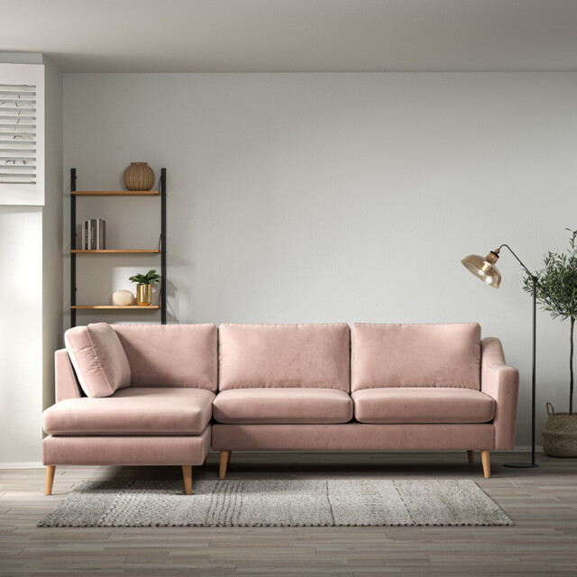 Rosa Curve Velvet Corner Chaise Sofa with Light Wood Legs (Left Facing ...