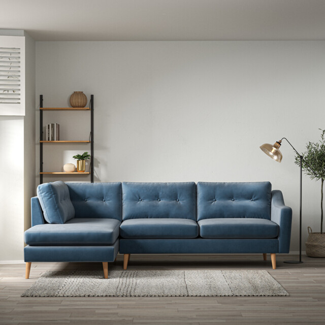 Rosa Curve Buttoned Velvet Corner Chaise Sofa with Light Wood Legs ...