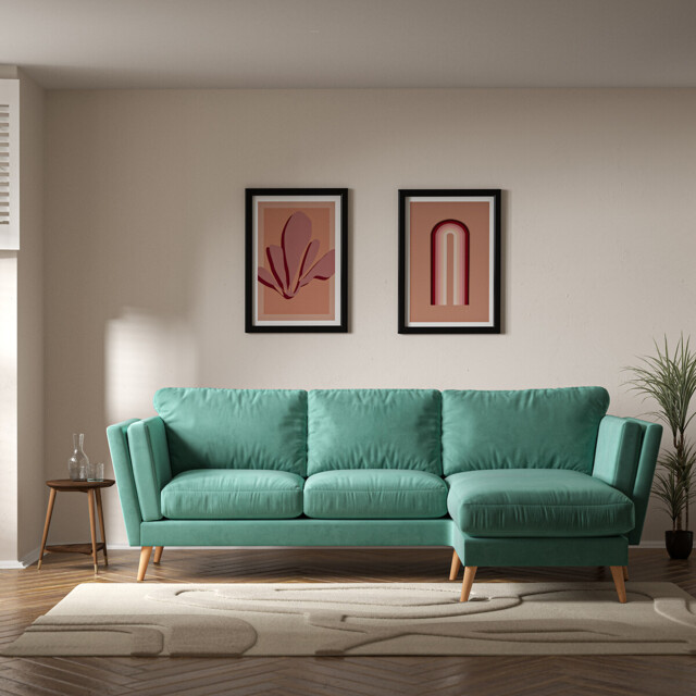 Frida Contemporary Velvet Corner Chaise Feather Sofa with Light Wood ...