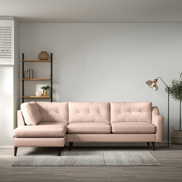 Rosa Curve Buttoned Soft Brushed Corner Chaise Sofa with Dark Wood Legs ...