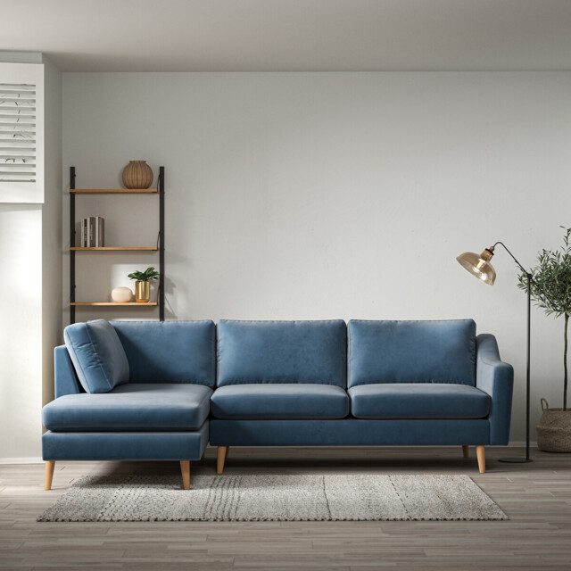 Rosa Curve Velvet Corner Chaise Sofa with Light Wood Legs (Left Facing ...