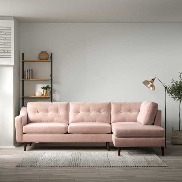 Rosa Curve Buttoned Velvet Corner Chaise Sofa with Dark Wood Legs ...