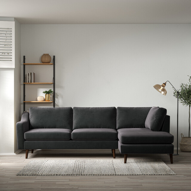 Rosa Curve Velvet Corner Chaise Sofa with Dark Wood Legs (Right Facing ...