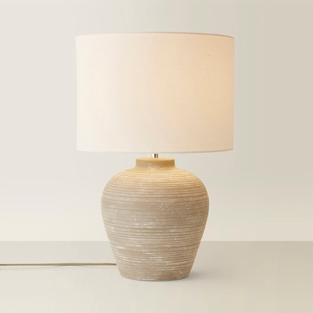 Large Stone Grey Ribbed Ceramic Table Lamp with Linen Shade by La ...