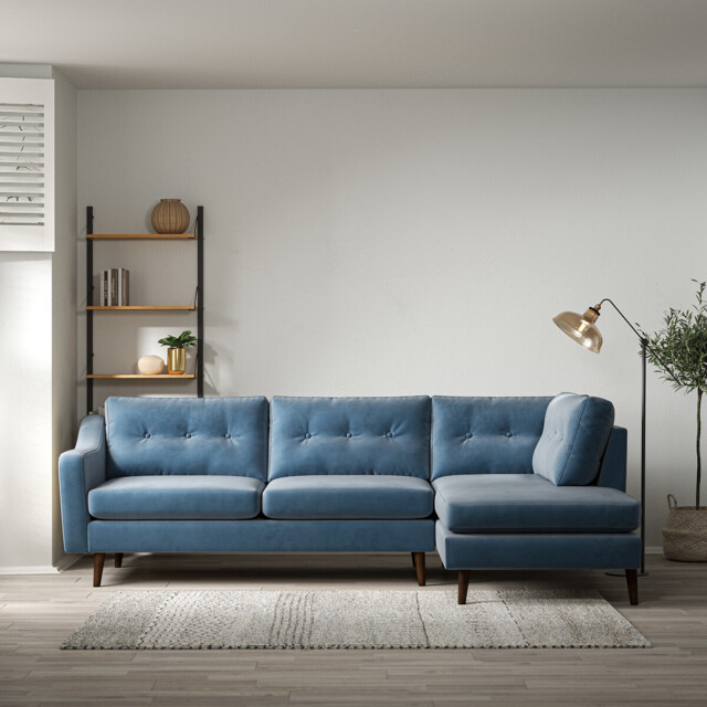 Rosa Curve Buttoned Velvet Corner Chaise Sofa with Dark Wood Legs ...