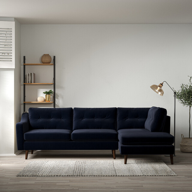 Rosa Curve Buttoned Velvet Corner Chaise Sofa with Dark Wood Legs ...